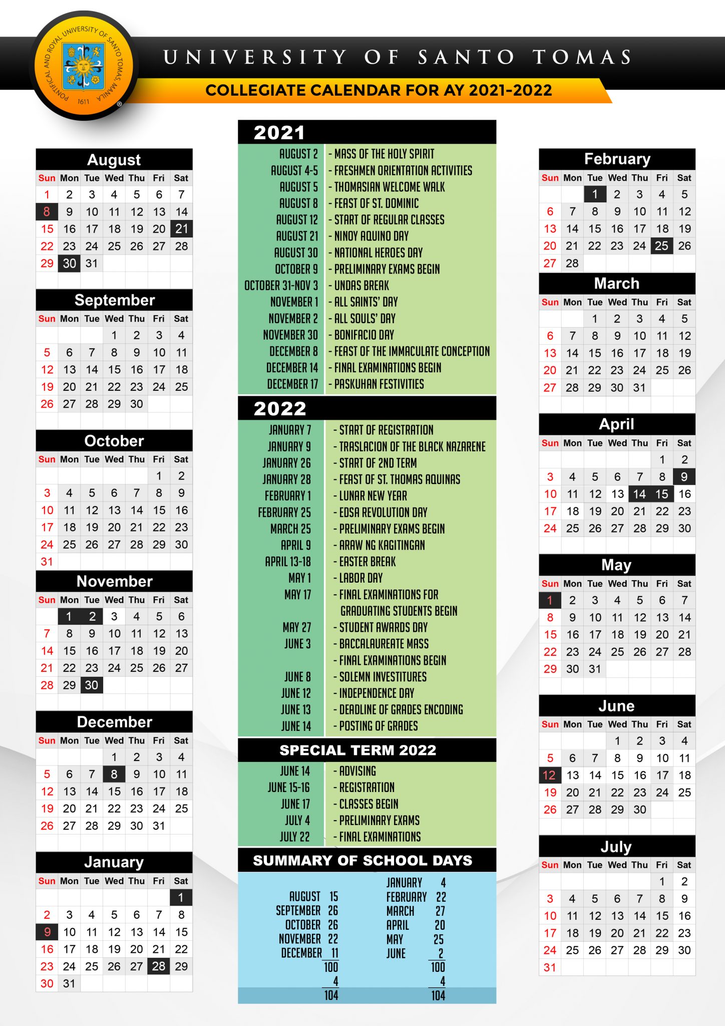 Academic Calendar University Of Santo Tomas